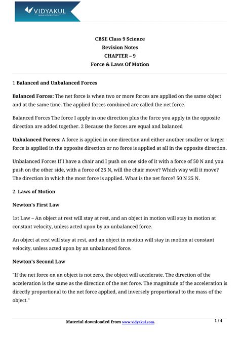 Class 9th Science Force And Laws Of Motion Ncert Notes Cbse 2023