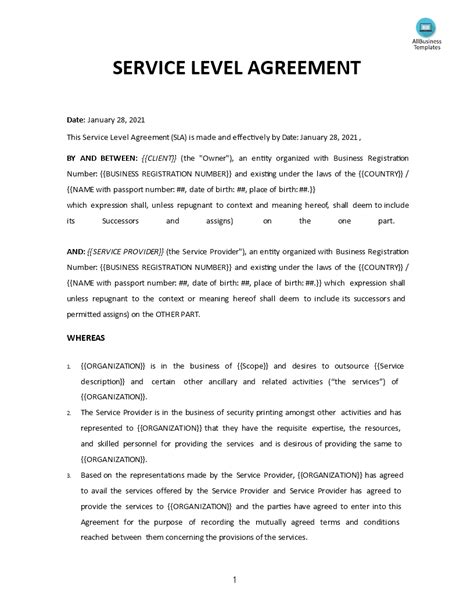 Service Level Agreement Template Modèle Professionnel