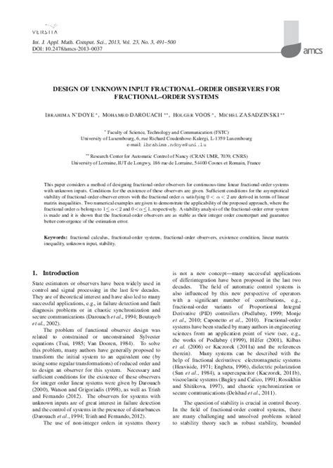 Pdf Design Of Unknown Input Fractional Order Observers For Fractional