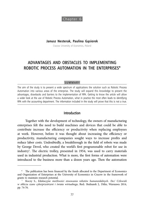 PDF Advantages And Obstacles To Implementing Robotic Process Automation In The Enterprises