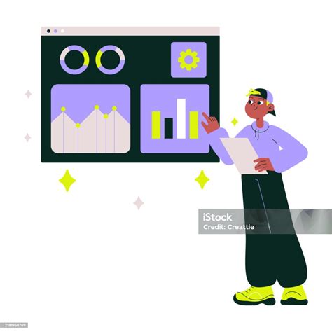데이터 분석 성능 모니터링 및 비즈니스 통찰력을 상징하는 평면 벡터 일러스트 레이 션에서 대시 보드 디스플레이와 남성 데이터 분석가 흰색 배경에 고립 경영자에 대한 스톡