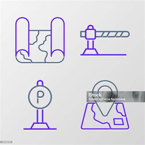 위치 마커 주차 자동차 장벽 및 아이콘이 있는 접힌 지도를 설정합니다 벡터 거리에 대한 스톡 벡터 아트 및 기타 이미지 거리