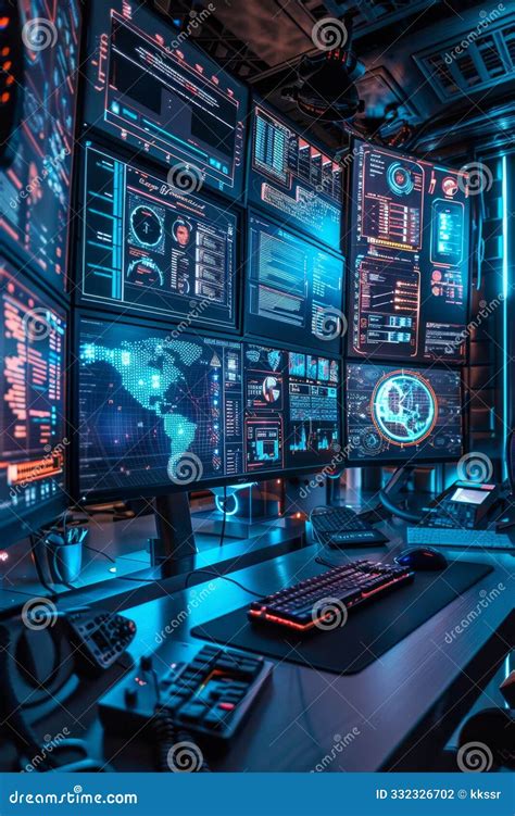 High Tech Workspace With Multiple Screens Holographic Displays And