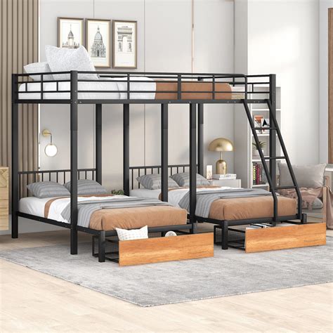 Black Metal Triple Bunk Bed With 2 Storage Drawers Full