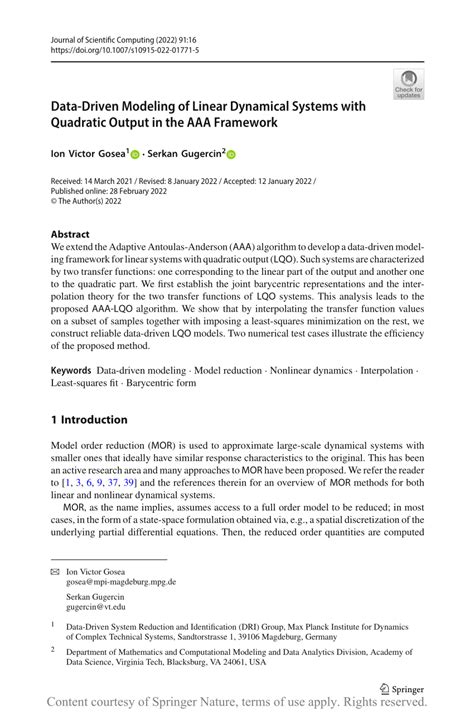 Pdf Data Driven Modeling Of Linear Dynamical Systems With Quadratic