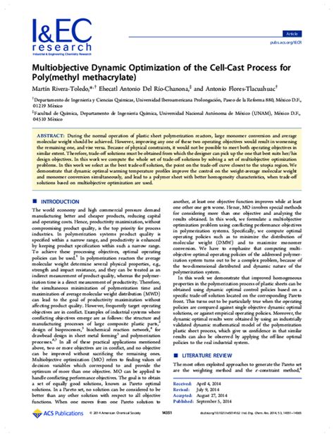 Pdf Multiobjective Dynamic Optimization Of The Cell Cast Process For Poly Methyl Methacrylate