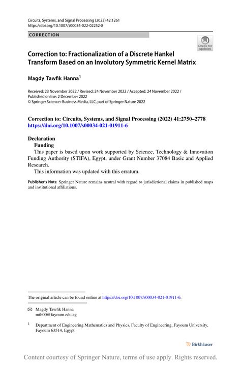 Correction To Fractionalization Of A Discrete Hankel Transform Based