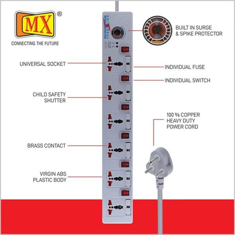 Mx Surge Protector And Spike Protector With 6 Universal Socket