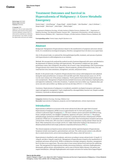 Pdf Treatment Outcomes And Survival In Hypercalcemia Of Malignancy A Grave Metabolic Emergency