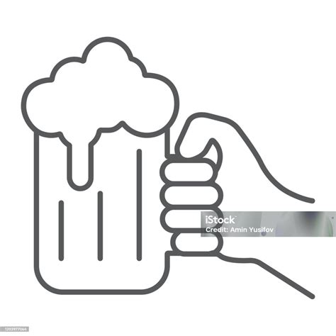 손으로 맥주 얇은 라인 아이콘 세인트 패트릭의 날과 알코올 손 잡고 유리 맥주 기호 벡터 그래픽 흰색 배경에 선형 패턴 Eps 10의 유리를 들고 10에 대한 스톡 벡터