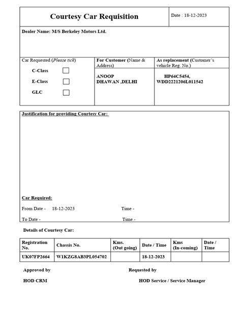Courtesy Car Request Form Pdf Business