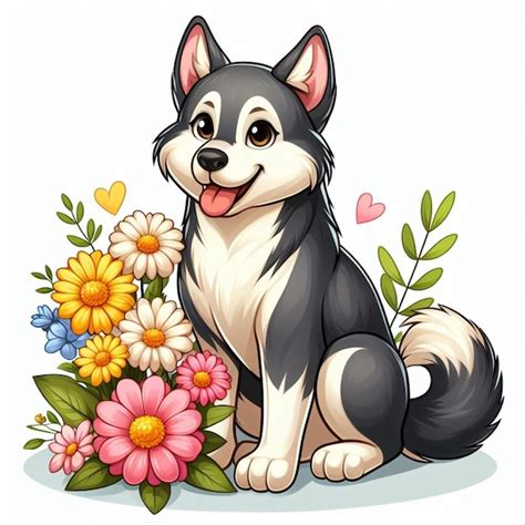 노르웨이 엘크하운드 개 터 만화 일러스트레이션 프리미엄 벡터