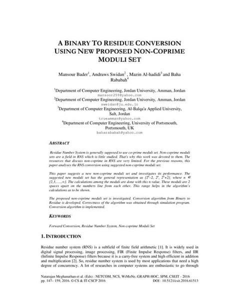 A Binary To Residue Conversion Using New Proposed Non Coprime Moduli Set Pdf