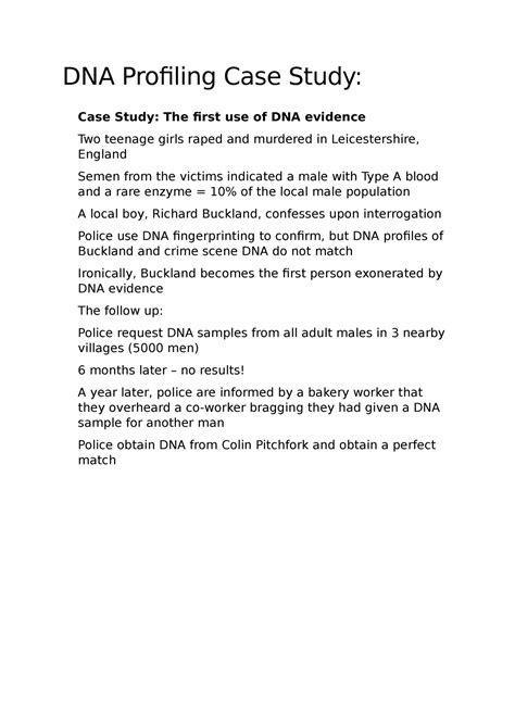 Dna P Case Study DNA Profiling Case Study Case Study The First Use Of DNA Evidence Two