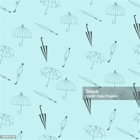 낙서 우산 윤곽선 파란색 배경에 우산이있는 완벽한 패턴 흑백 낙서 스타일은 접히고 우산을 엽니 다 벡터 일러스트레이션 가을에 대한 스톡 벡터 아트 및 기타 이미지 Istock