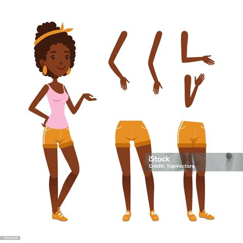 웃고 있는 아프리카계 미국인 소녀 다리와 팔의 전체 길이 초상화 행복 한 소녀 캐릭터 만들기 애니메이션 만화 벡터 일러스트 레이 션에 대 한 생성자 감정에 대한 스톡 벡터