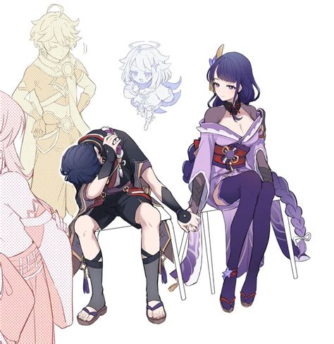 Raiden Shogun Yae Miko Aether Paimon And Scaramouche Genshin Impact Drawn By Kari Flower