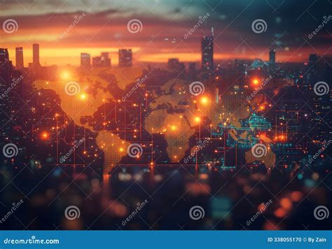 Digital Global Network Concept With Glowing Dotted World Map Data Connections Stock Illustration
