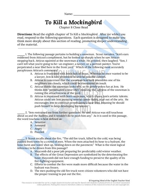 To Kill A Mockingbird Chapter 8 Close Reading Worksheet Teaching