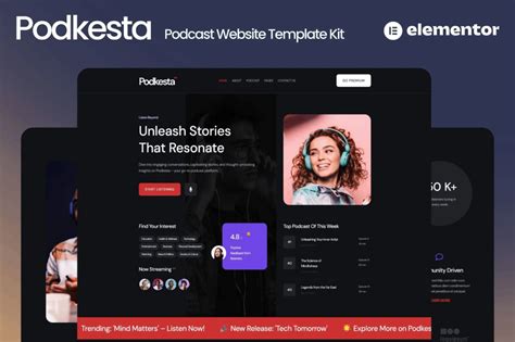 podkesta dark theme podcast elementor template kit