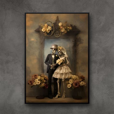 Printable Halloween Skeleton Couple Wall Art Watercolor Vintage