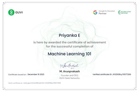 completed machine learning 101 course priyanka elangovan posted on