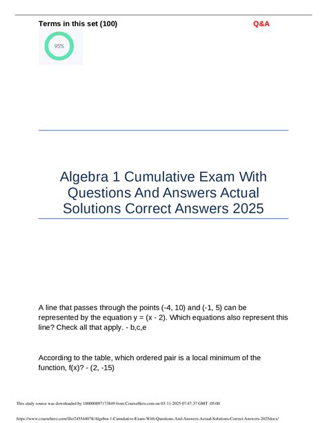 Algebra 1 Cumulative Exam With Questions And Answers Actual Solutions