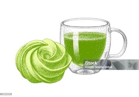 말차와 달콤한 케이크 녹차 맛이 있는 디저트 유리 더블 월 컵 음료 사실적인 스케치 일본 음료는 단맛으로 마십니다 녹차에 대한 스톡 벡터 아트 및 기타 이미지 Istock