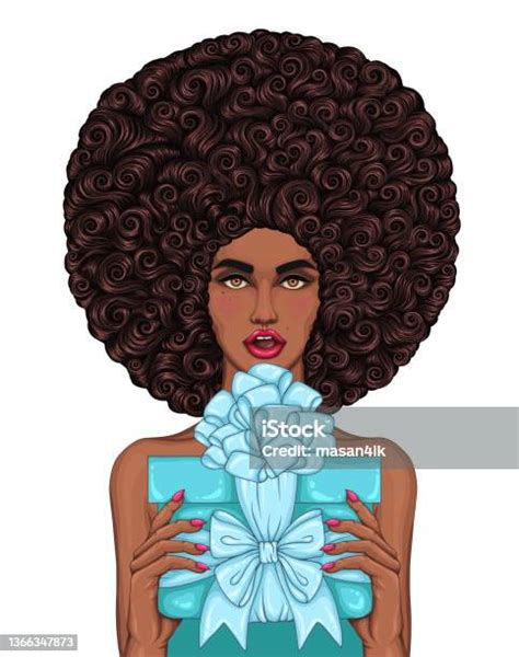 놀랍게도 입을 벌리고 있는 아프리카계 미국인 소녀 벡터 청록색 상자를 들고 웅장한 곱슬 아프로 복고풍 헤어 스타일을 가진 여성 패션 모델은 민트 리본과 활을 장식 흰색