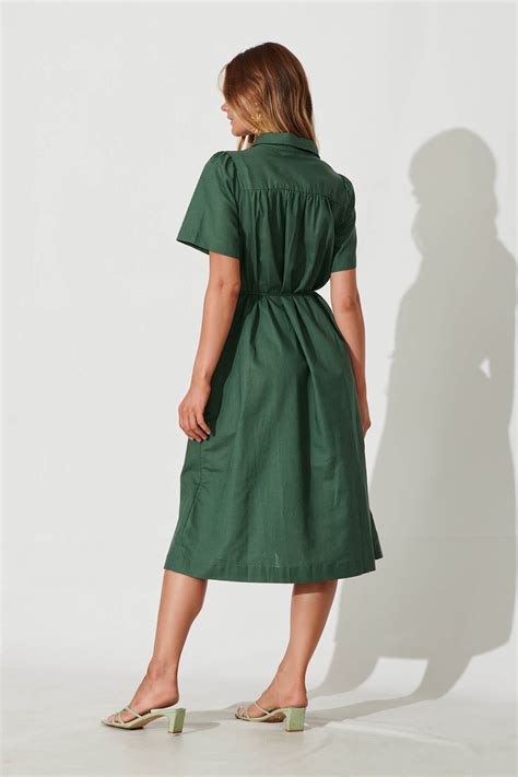 Oatland Midi Shirt Dress In Green Cotton Linen St Frock