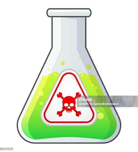 위험한 독액체가 있는 화학 유리 플라스크 붉은 두개골과 십자가가있는 흰색 라벨 화학 무기 산 또는 독 만화 일러스트레이션 과학에 대한 스톡 벡터 아트 및 기타 이미지
