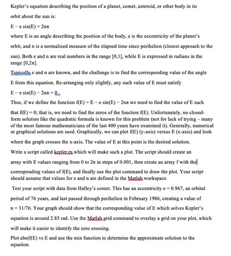 Solved Kepler S Equation Describing The Position Of A Chegg