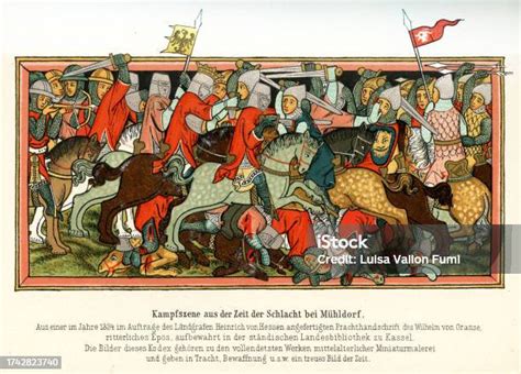 바이에른 공룡 비텔스바흐와 오스트리아 합스부르크 사이의 Mã1 4hldorf 전투의 미니어처로 신성 로마 제국을 통치하기 위해 독일 왕 루이 비텔스바흐의 승리로 끝났습니다