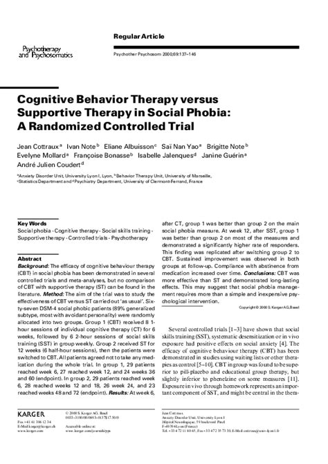 Pdf Cognitive Behavior Therapy Versus Supportive Therapy In Social Phobia A Randomized