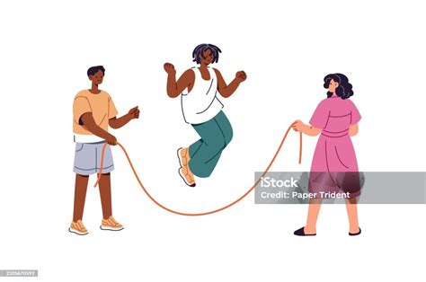 행복한 아이들은 줄넘기를 가지고 놀아요 친구들이 함께 뛰고 뛸 수 있습니다 소년 소녀들은 도약을 즐깁니다 아이들은 스포츠 운동을 합니다 흰색 배경에 평면 절연 벡터 그림