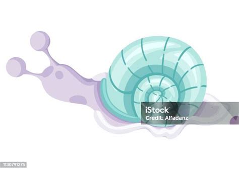 귀여운 바다 달팽이 만화 캐릭터 디자인입니다 녹색 포탄 보라색 달팽이 흰색 배경에 고립 된 평면 벡터 일러스트 레이 션 가라앉음에 대한 스톡 벡터 아트 및 기타 이미지