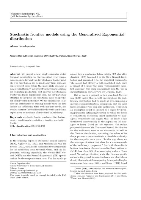 Pdf Stochastic Frontier Models Using The Generalized Exponential Distribution
