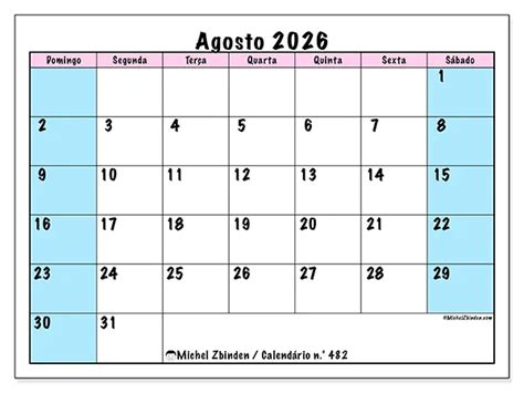 Calendário Agosto De 2026 Para Imprimir Horário De Equipa Michel