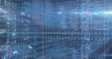 Image Of Binary Coding Data Processing Over Screens Of Mosaic Squares Against Blue Background