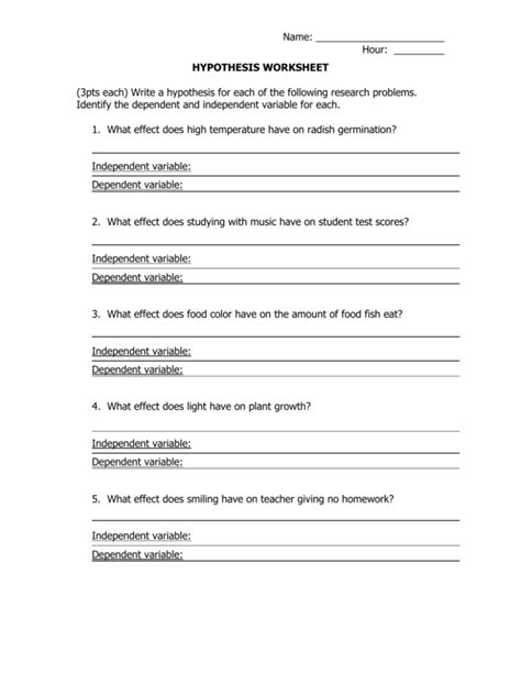 Hypothesis Worksheet Independent And Dependent Variables