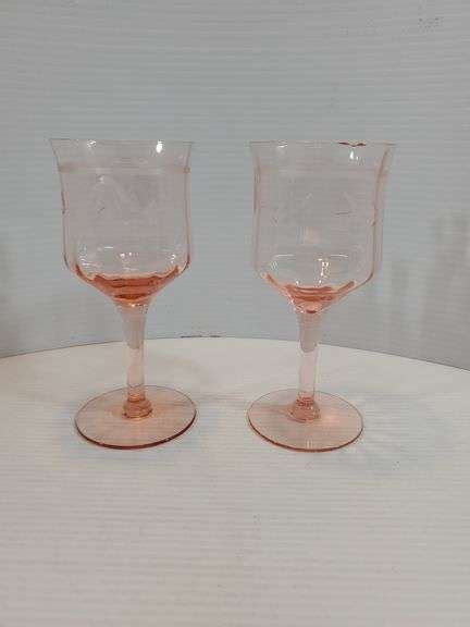 6 Wheel Cut Pink Depression Stemware Two With Small Rim Chips Bid