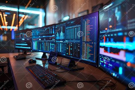 Multiple Computer Monitors Displaying Complex Financial Data And Analytics Stock Illustration