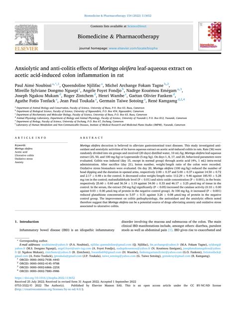 Pdf Anxiolytic And Anti Colitis Effects Of Moringa Oleifera Leaf Aqueous Extract On Acetic