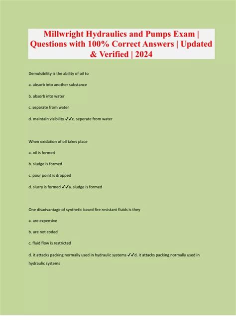 Millwright Hydraulics And Pumps Exam Questions With 100 Correct