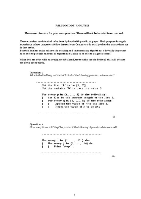 Analyzing Pseudocode Wtw 152 2 Pseudocode Analysis These Exercises Are For Your Own Practice