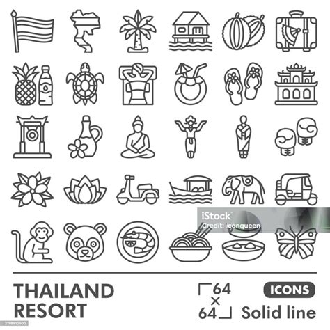 태국 리조트 상징 컬렉션 또는 스케치 웹 및 앱에 대 한 라인 스타일 표지판에 있는 여행 테마 아이콘 벡터 그래픽은 흰색 배경에 고립되어 있습니다 0명에 대한 스톡 벡터