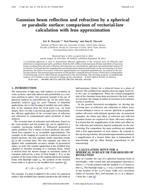 Pdf Gaussian Beam Reflection And Refraction By A Spherical Or Parabolic Surface Comparison Of