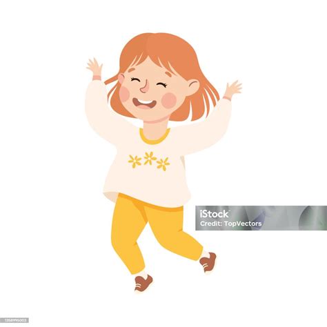 행복한 소녀 점프 와 기쁨 과 손 올라 응원 과 데 재미 벡터 일러스트 개념에 대한 스톡 벡터 아트 및 기타 이미지 개념 귀여운 긍정적인 감정 표현 Istock