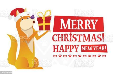 메리 크리스마스와 행복 한 새 해 엽서 템플릿 흰색 바탕에 빨간색 선물 귀여운 노란 강아지와 개 만화 문자 벡터 평면 그림입니다 12월 31일에 대한 스톡 벡터 아트 및