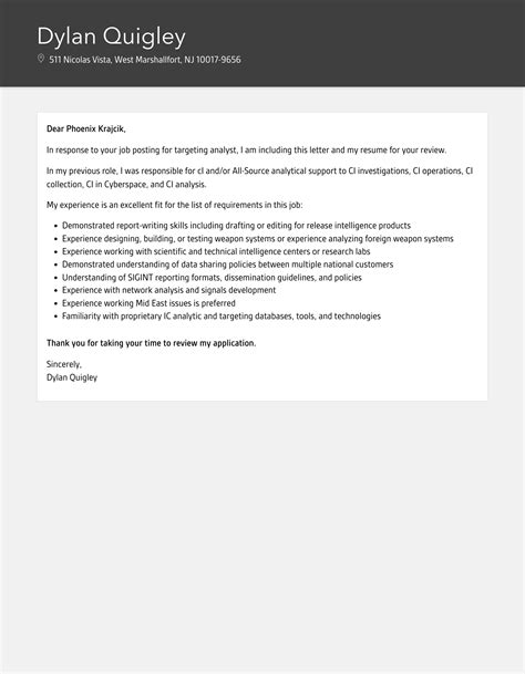 Targeting Analyst Cover Letter Velvet Jobs
